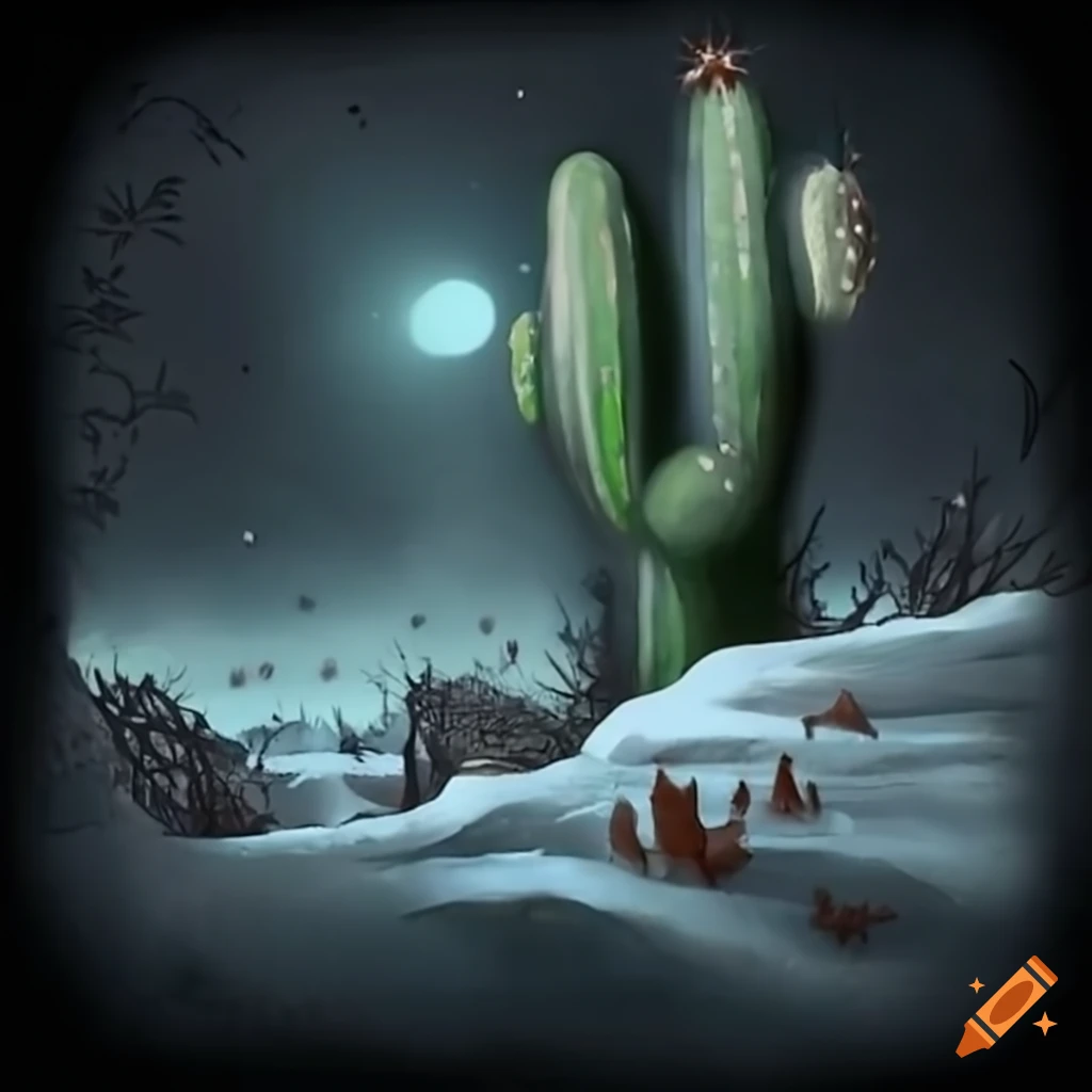 Spooky cactus in a snowy scenery