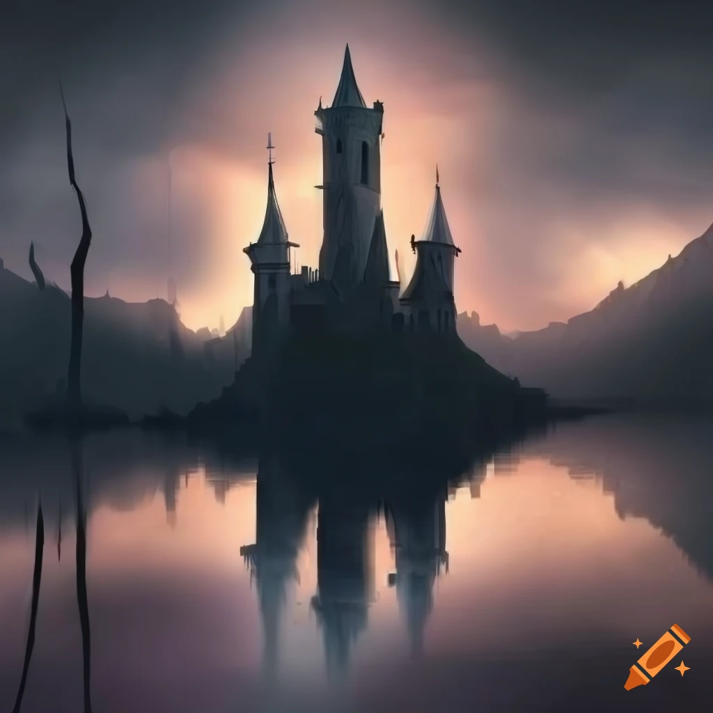 Sinister castle by a river with a giant mountain in the background on ...