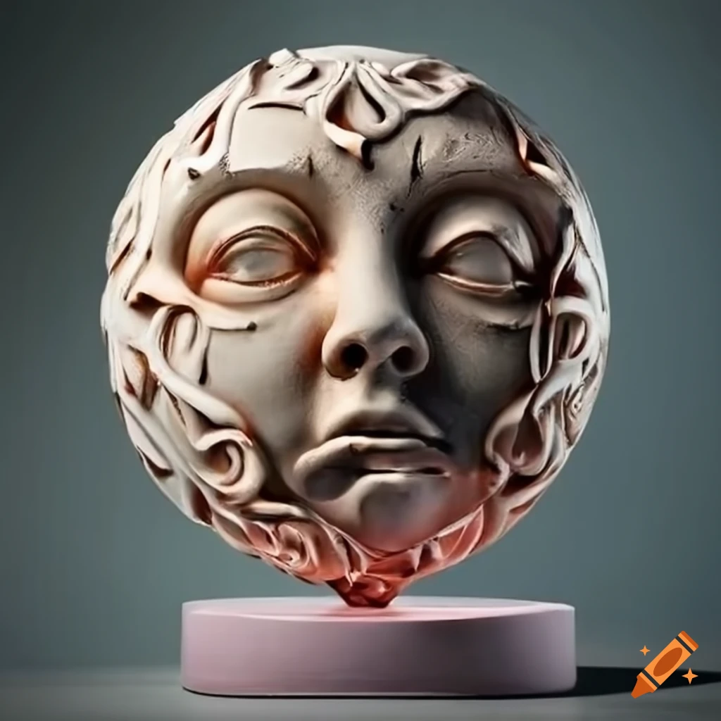 Sculpture of a face breaking free from an egg orb on Craiyon