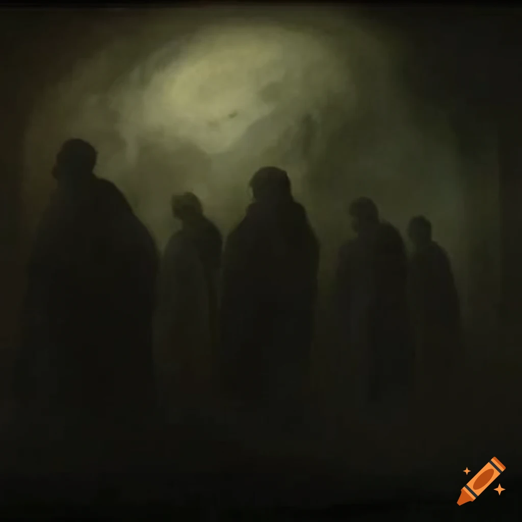 Dark baroque painting of ominous figures in fog on Craiyon