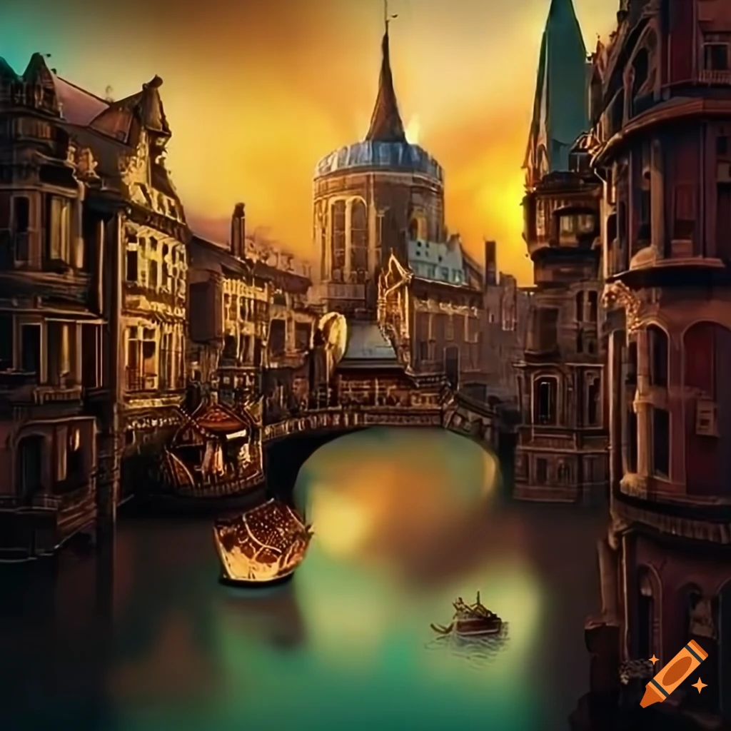 Steampunk fantasy city with canals and domed buildings on Craiyon