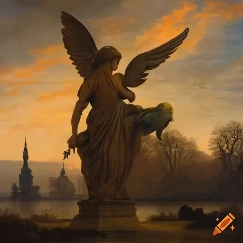 Sculpture of a heroic angel in a leafy park on Craiyon