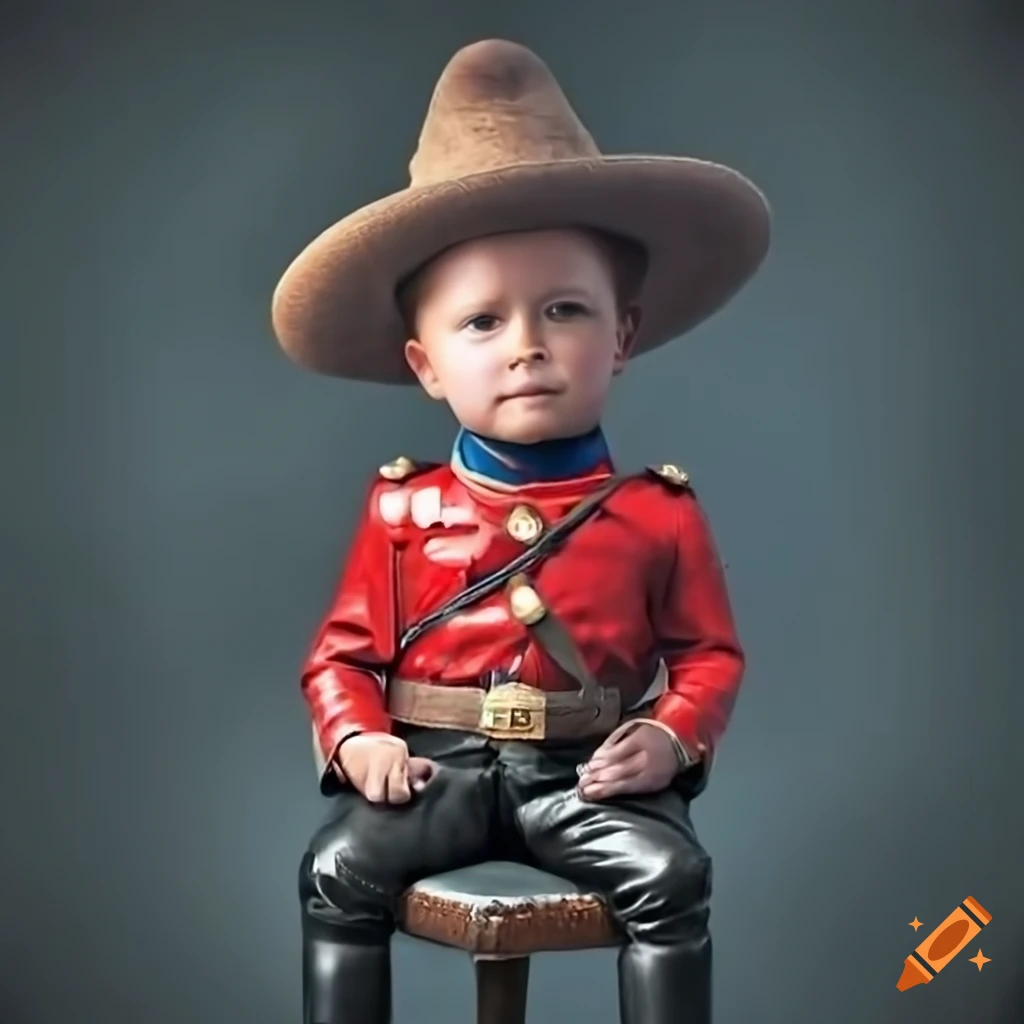 Photo of a canadian boy in a shiny red mountie uniform on Craiyon