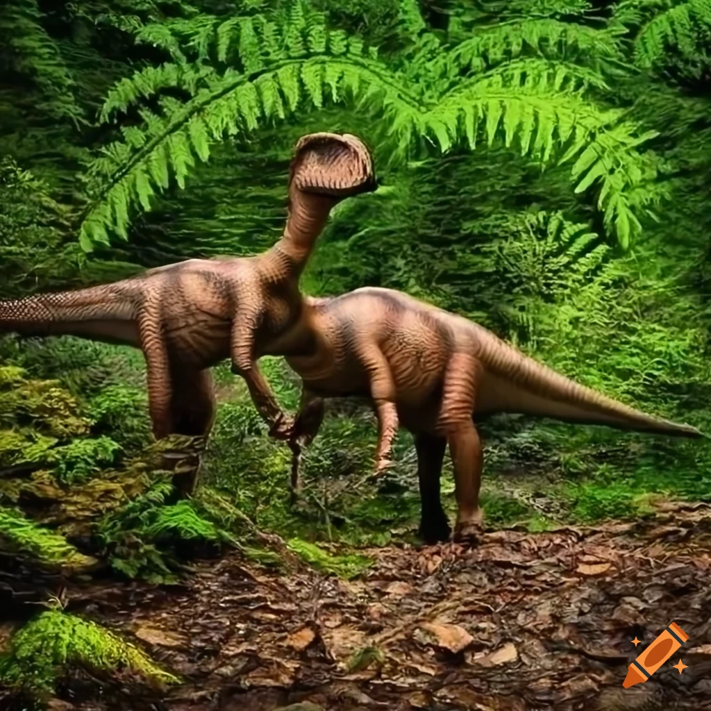 Hadrosaurus dinosaurs in a lush landscape on Craiyon