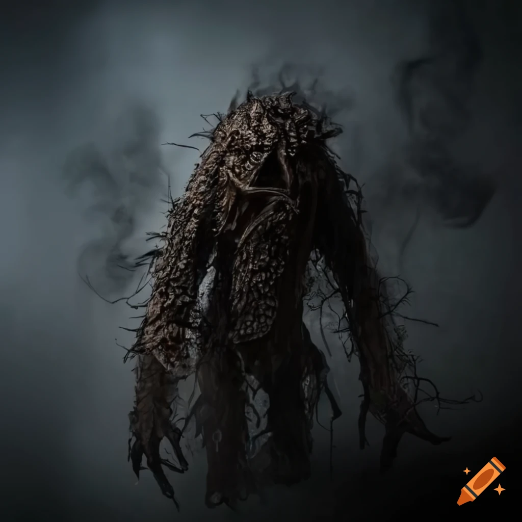 Artwork of a mysterious creature with black smoke and tree bark armor ...
