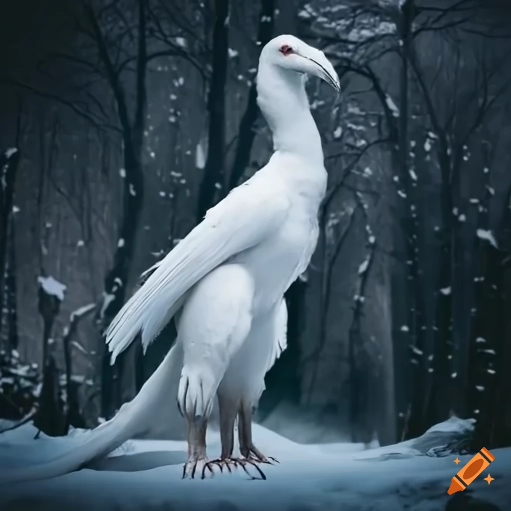 Hyper realistic white humanoid bird in snowy valley on Craiyon