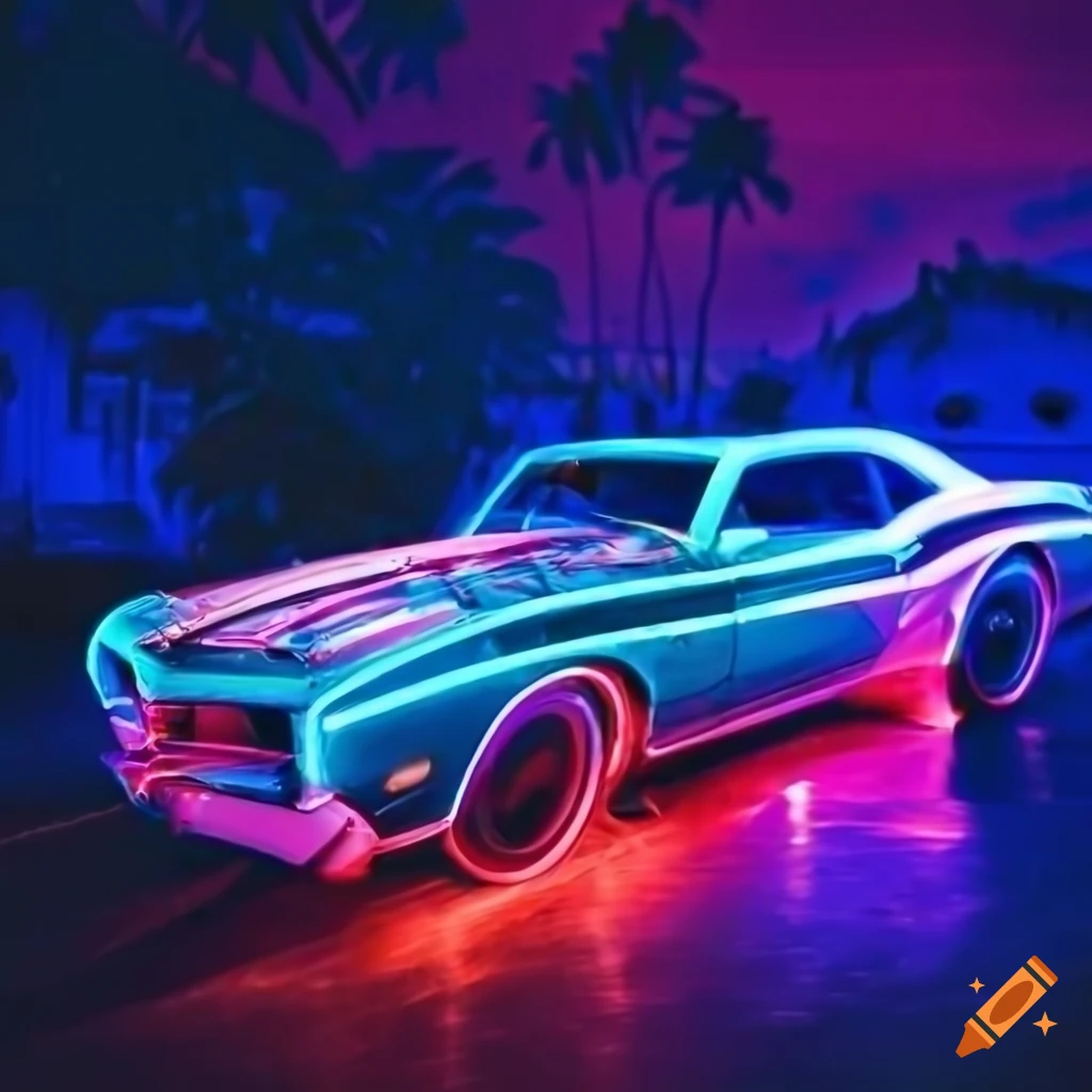 Neon-lit camaro parked by palm trees on Craiyon