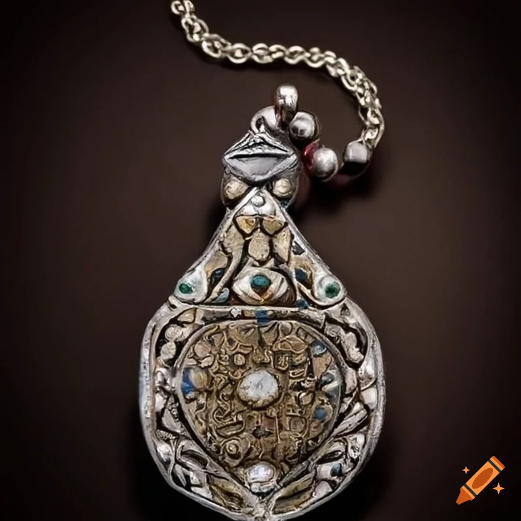 Silver amulet with gemstone inlays and inscriptions