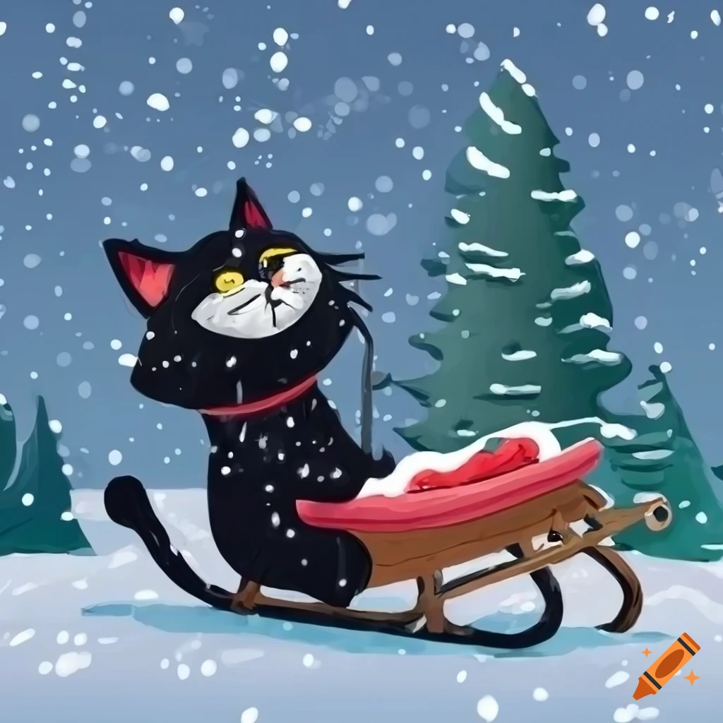 Cartoon art of a black cat sledding in the snow on Craiyon
