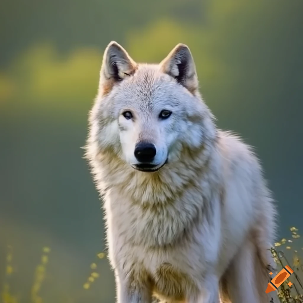 White wolf standing in a meadow on Craiyon