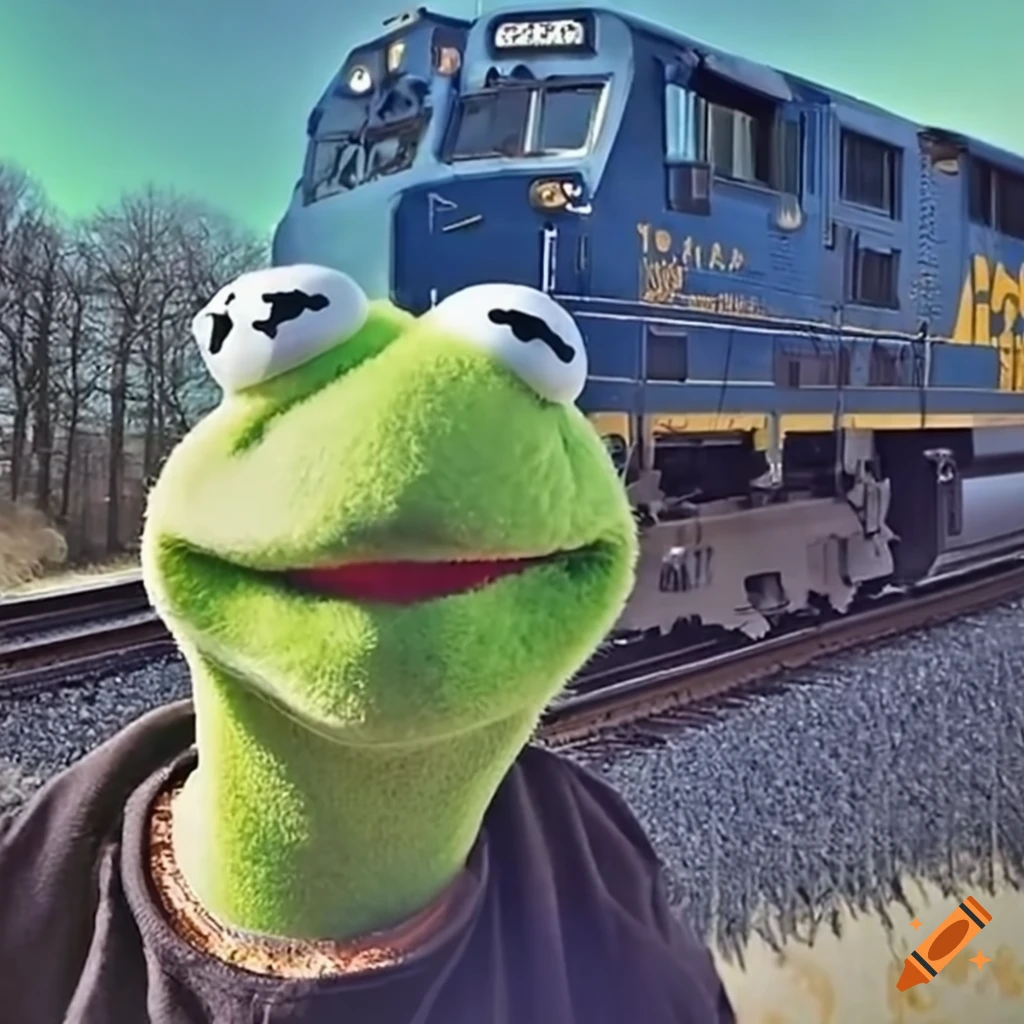 Kermit the frog taking a selfie with a train