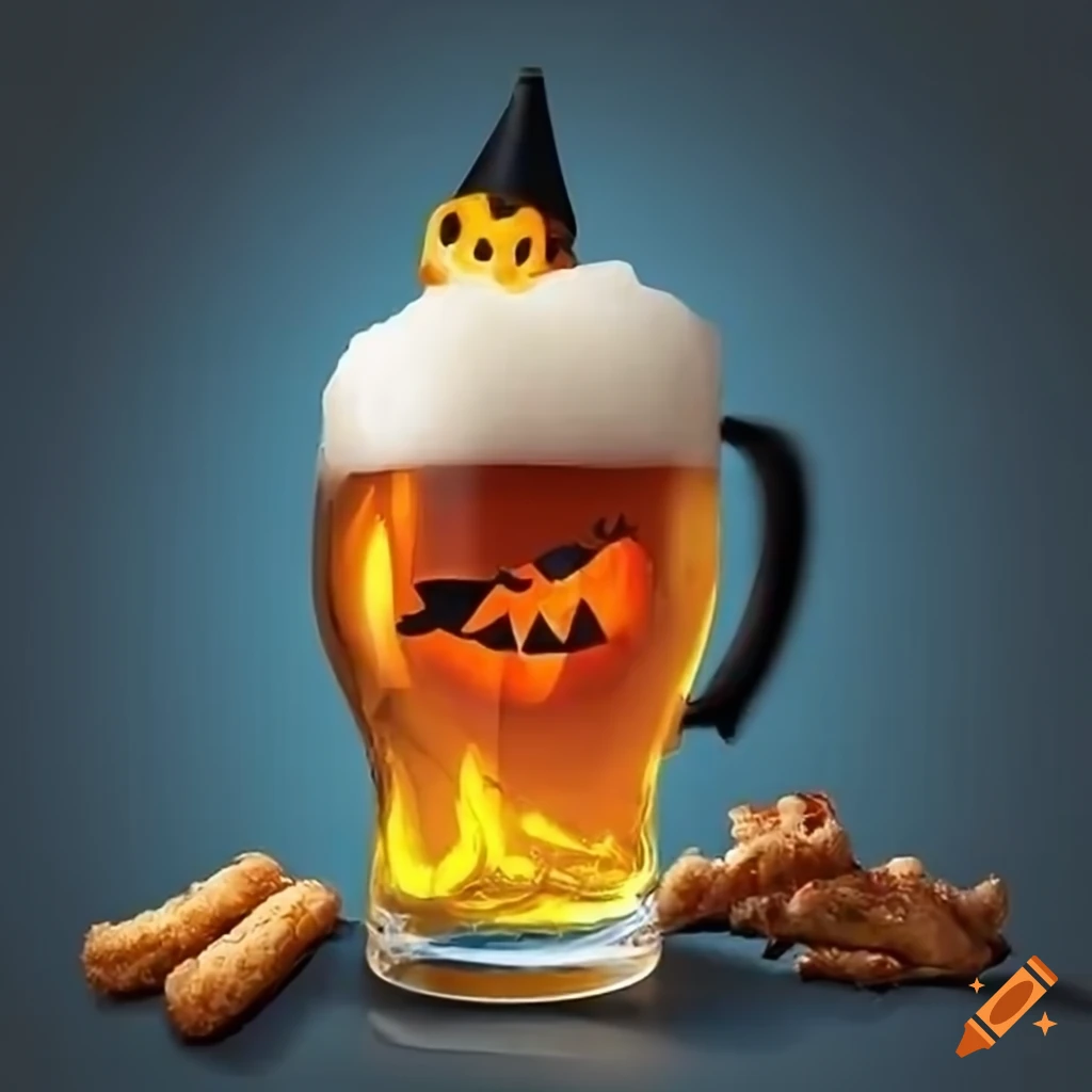 Spooky halloween party banner with fried foods and beer on Craiyon