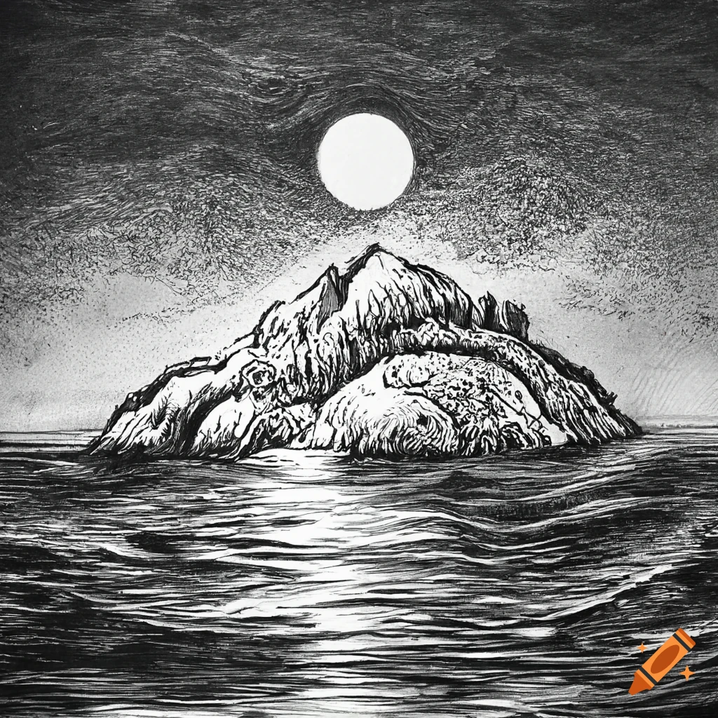 Black and white ink drawing of a desolate island in stormy waters on ...