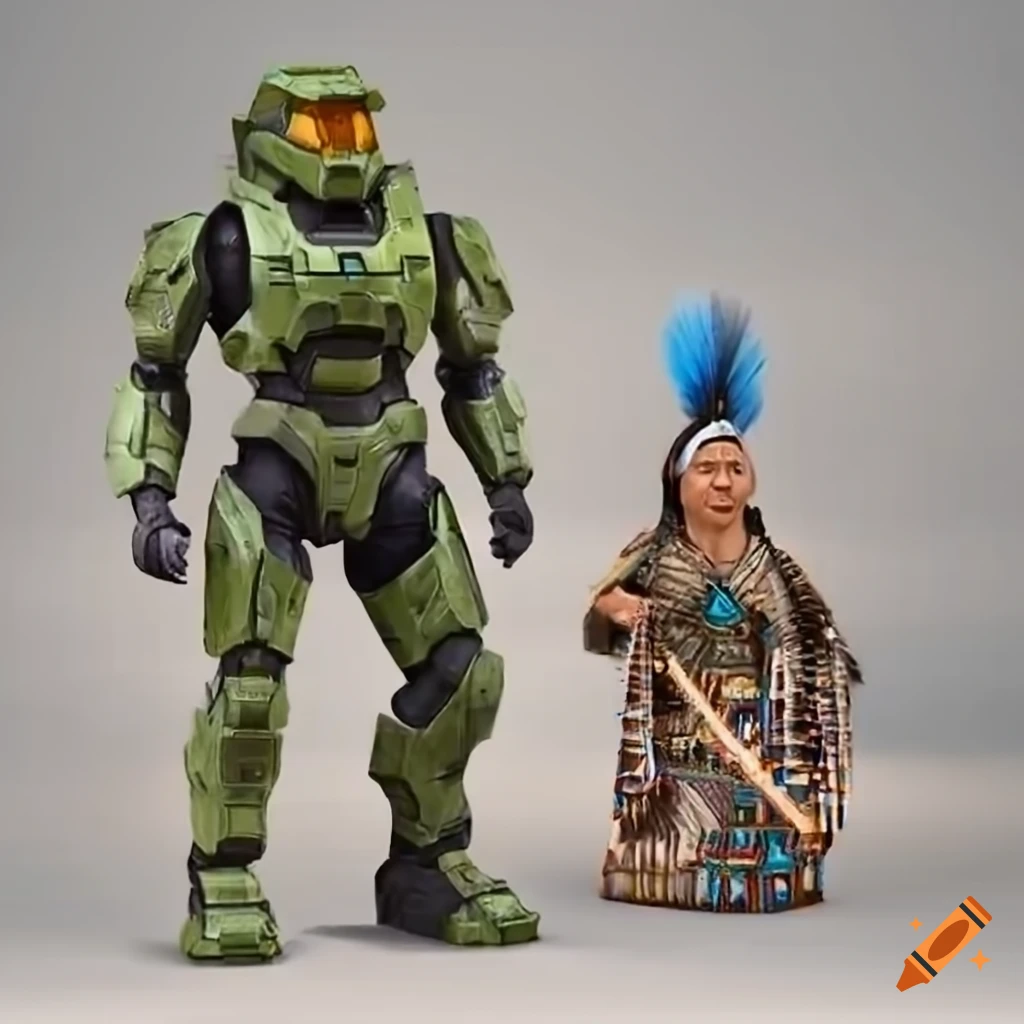 Fusion of futuristic and traditional elements in a meeting of master chief and a native american ...