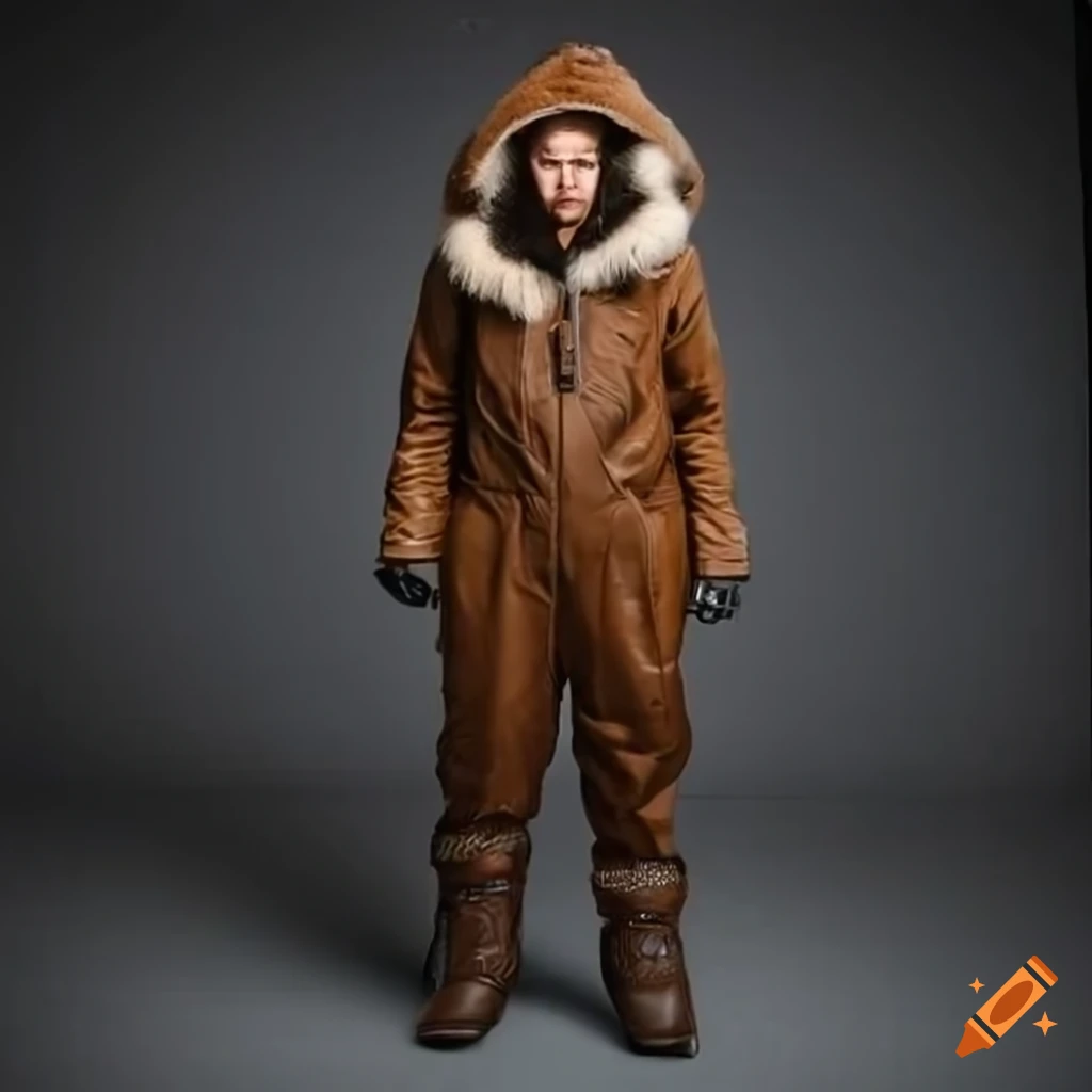 Man wearing padded sheepskin coveralls with hood on Craiyon