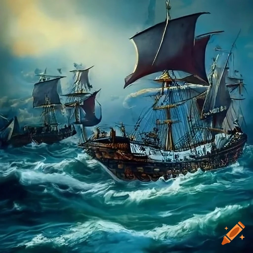Illustration of a battle between pirates and navy on Craiyon