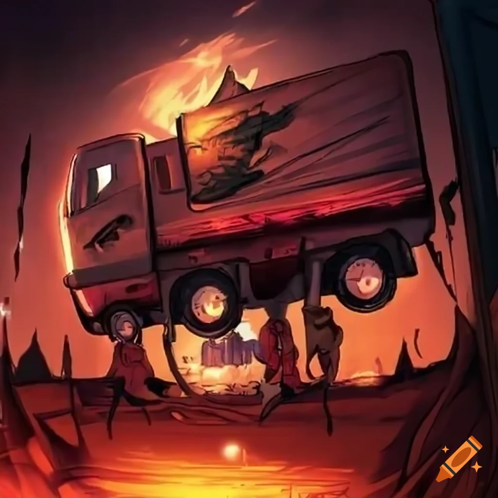 Anime illustration of a truck in a fantasy world