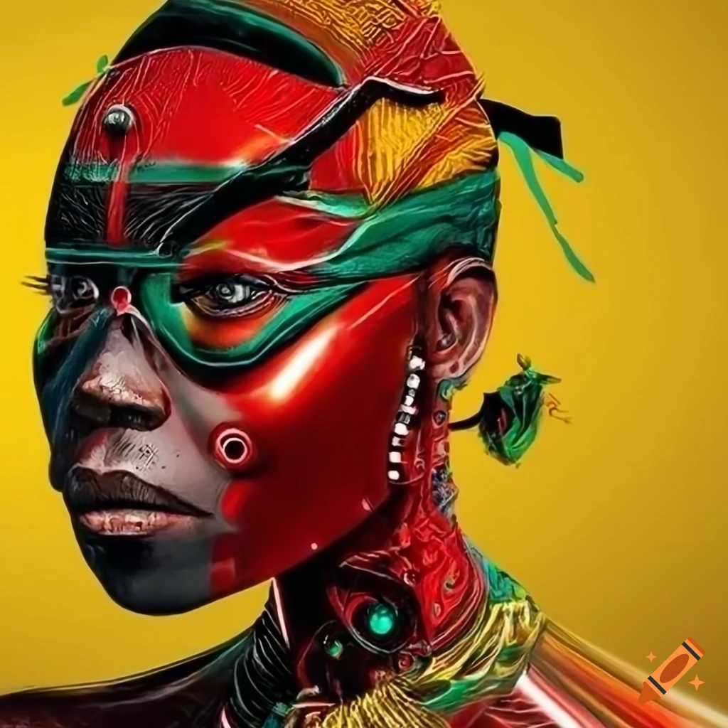 Surreal depiction of a black cyborg african tribe