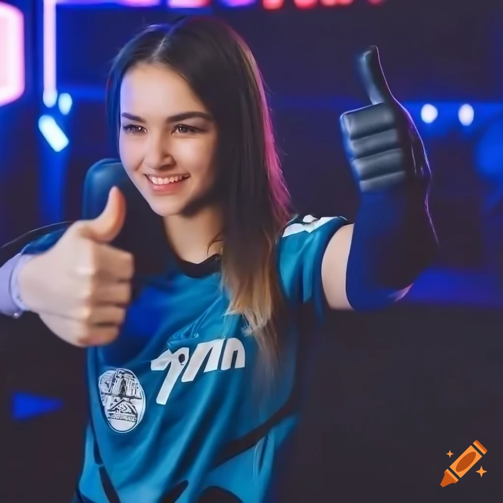 Realistic illustration of a female esports gamer in a team jersey on ...