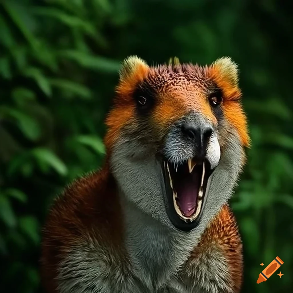 Digital art of a fierce t-rex and fox hybrid in a forest on Craiyon