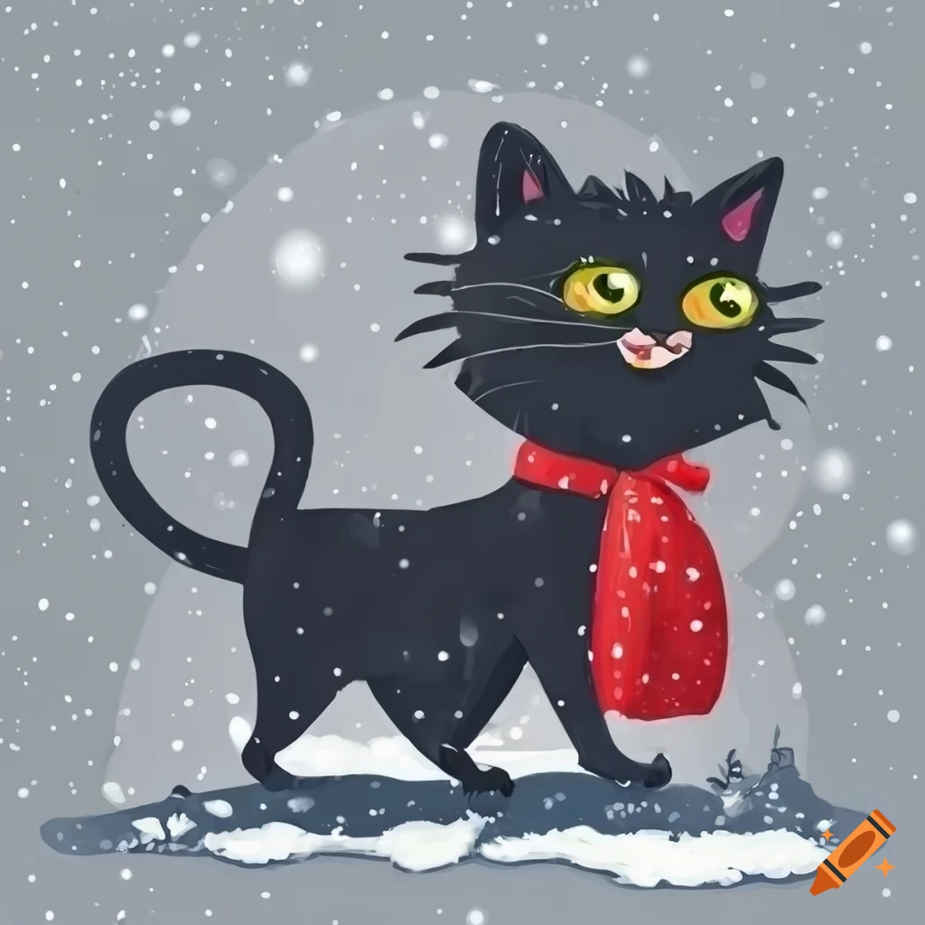 Cartoon art of a black cat on a sled in the snow on Craiyon