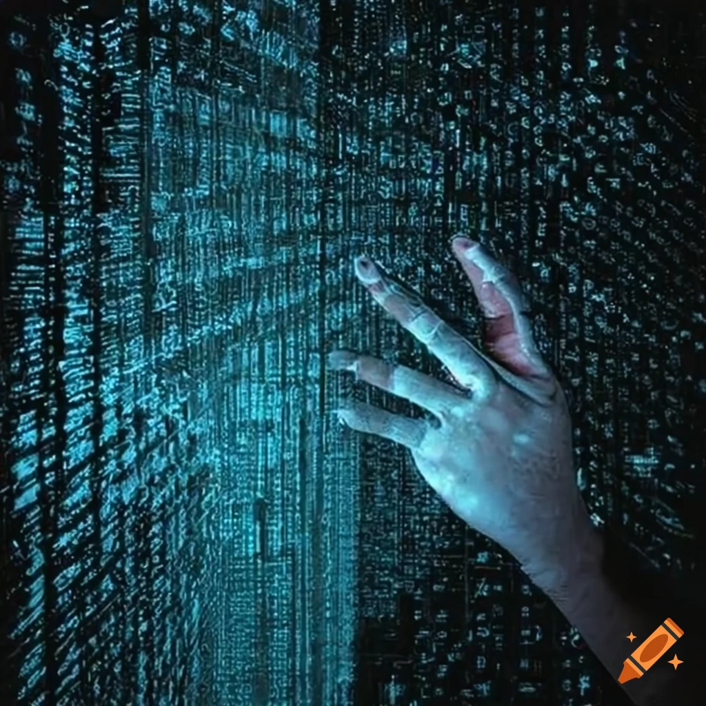 Hand reaching out in virtual matrix on Craiyon