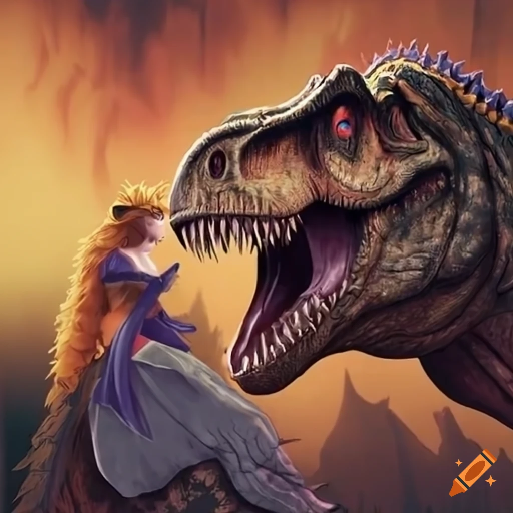 Illustration of a tyrannosaurus defeating an evil princess on Craiyon