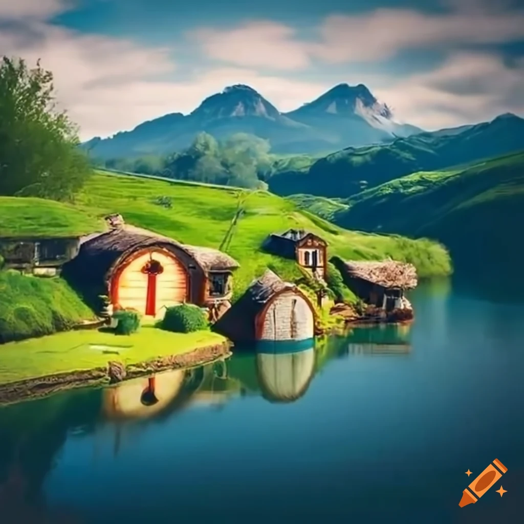 Scenic view of a lakeside fishing hobbit village with mountains in the ...