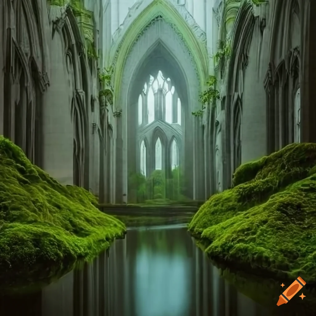 Mystical cathedral in a foggy forest
