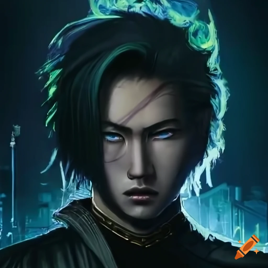 Portrait Of A Mysterious Cyberpunk Character With A Top Knot Pony Tail