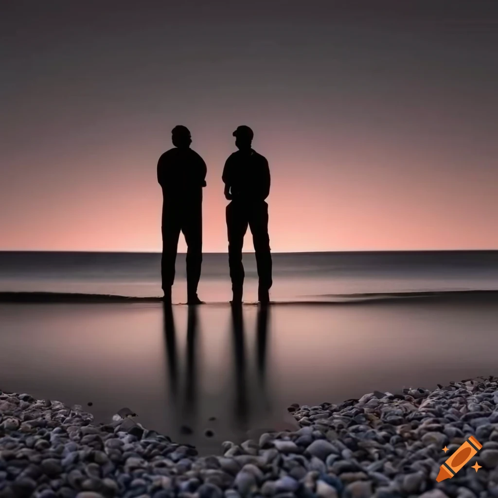 Silhouettes of two men at night on a pebble shore on Craiyon