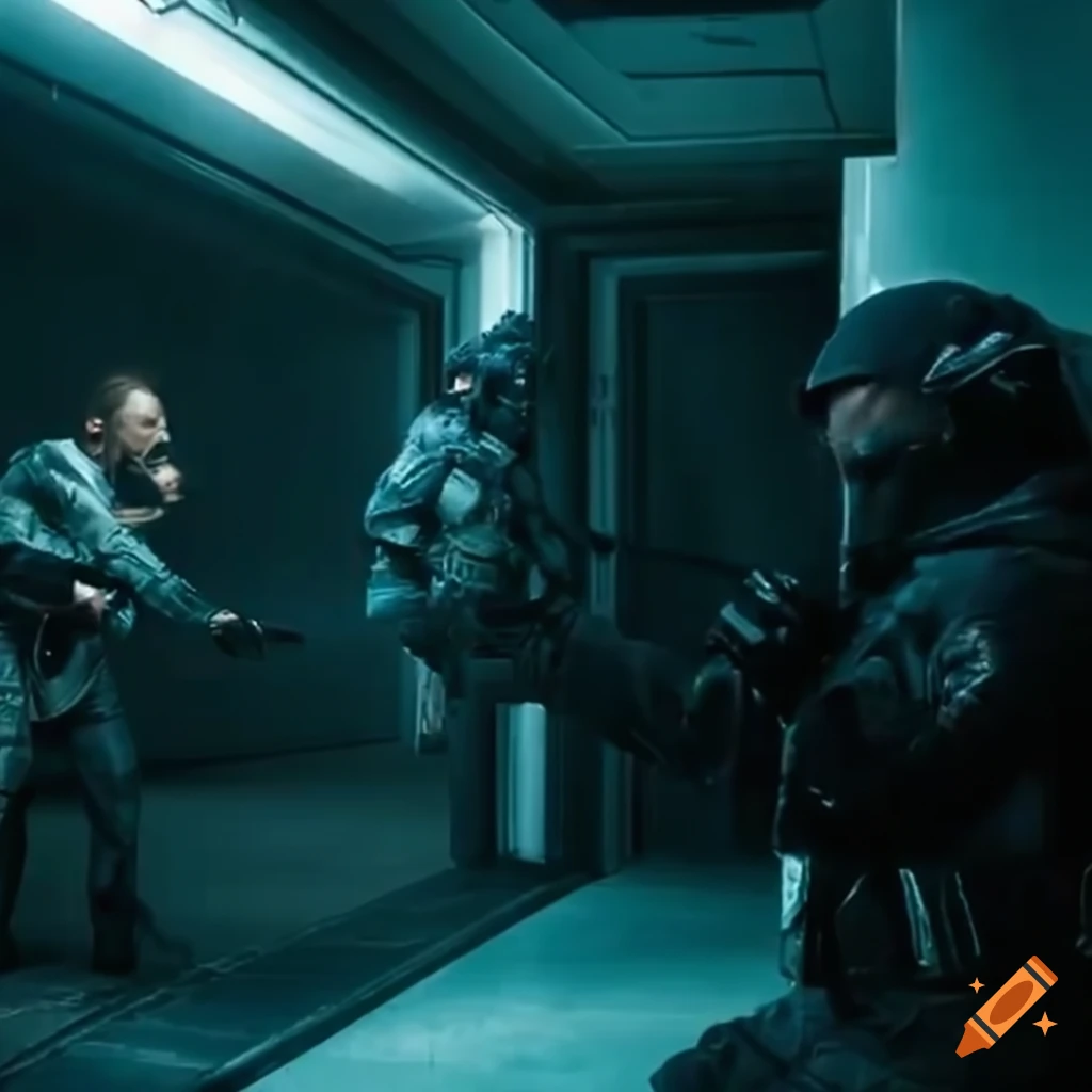 Futuristic bank heist action scene