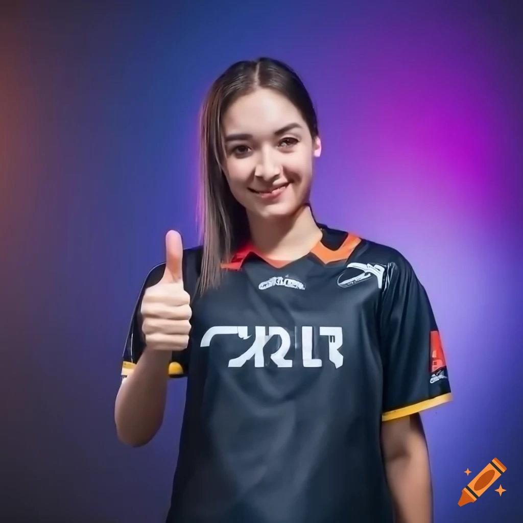 Realistic illustration of a female esports gamer in a team jersey on ...