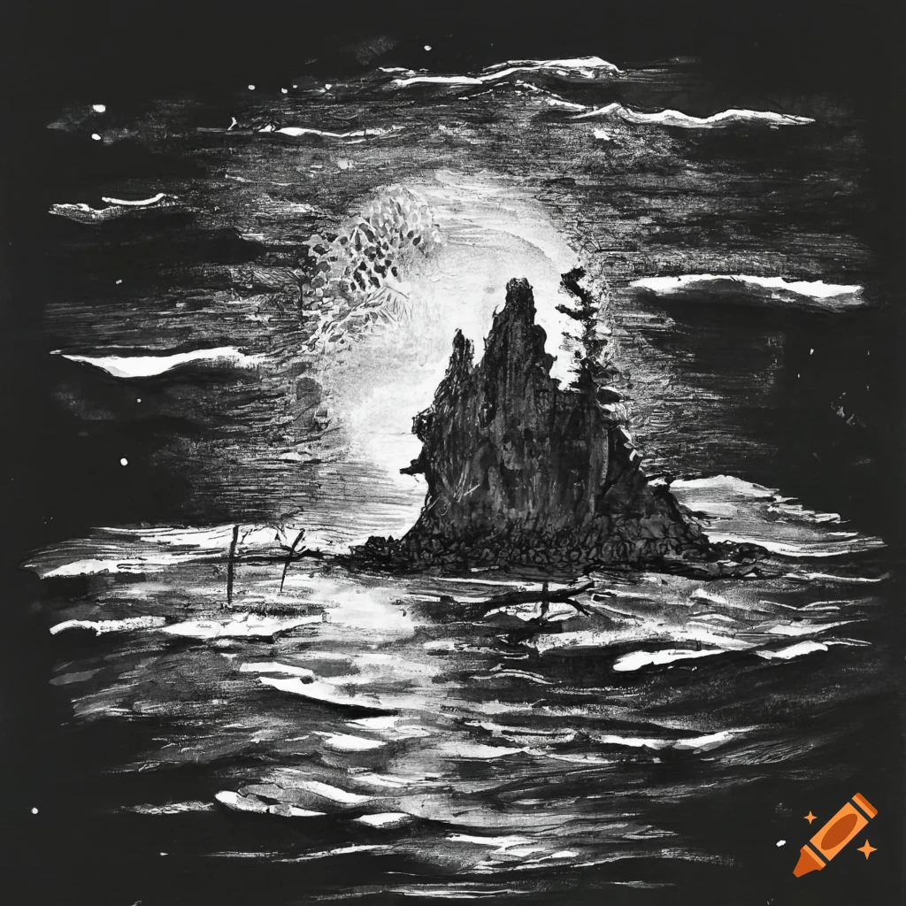 Black and white ink drawing of a stormy island on Craiyon