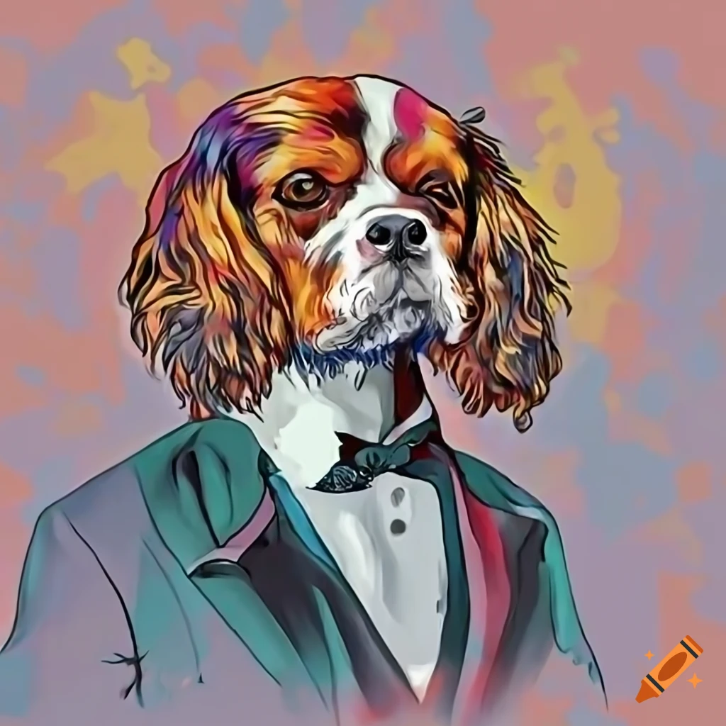 Portrait of a bearded groom with his cavalier spaniel dog in a baroque ...