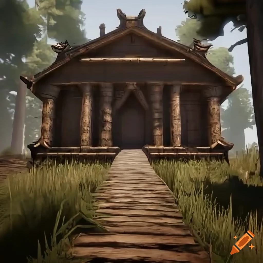 A wooden temple in a pine forest on Craiyon