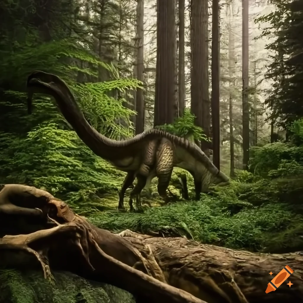 Dinosaur couple in a forest with fern undergrowth on Craiyon