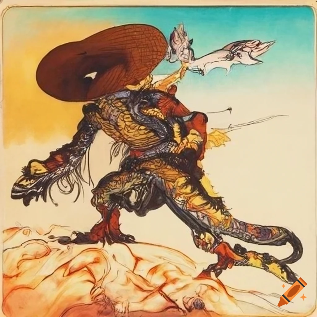 Illustration of a Kobold riding a serpent in the desert on Craiyon