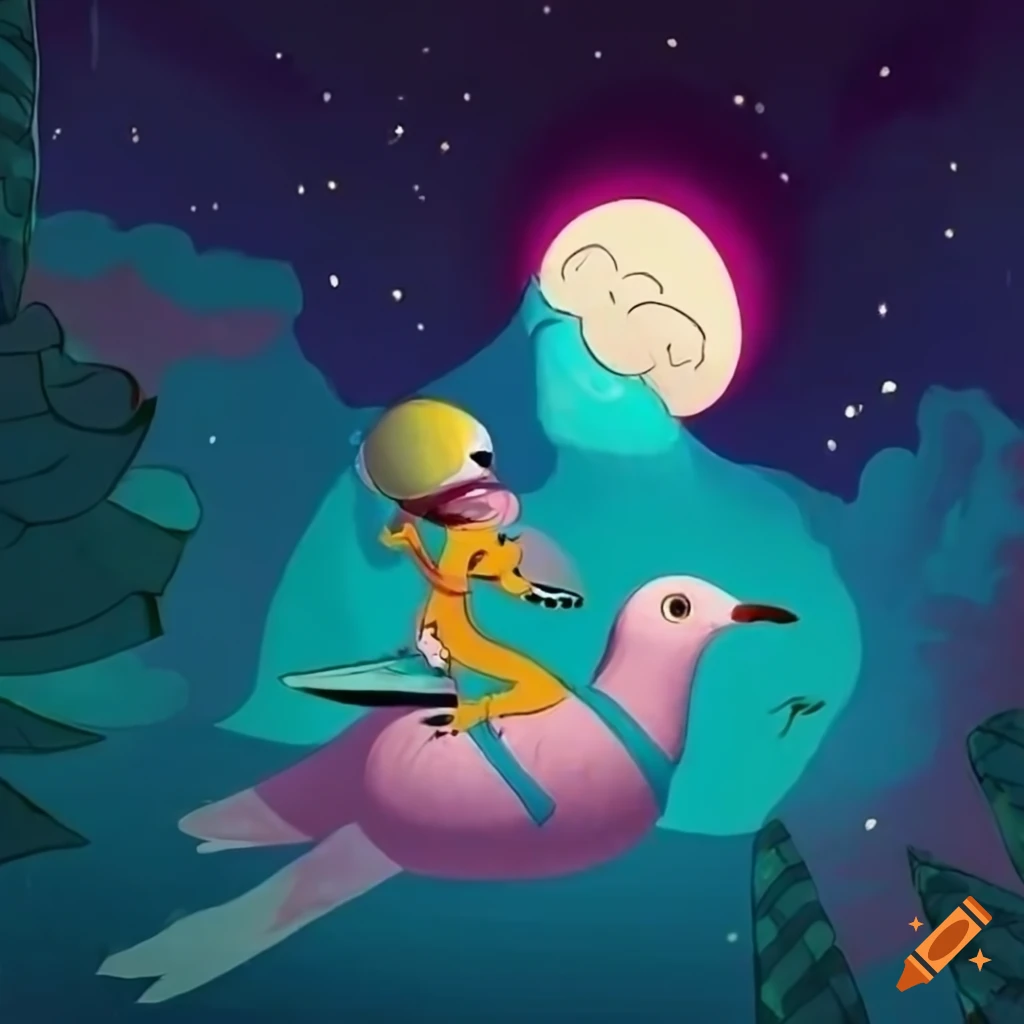 Retro cartoon of a person riding a giant pigeon at night on Craiyon