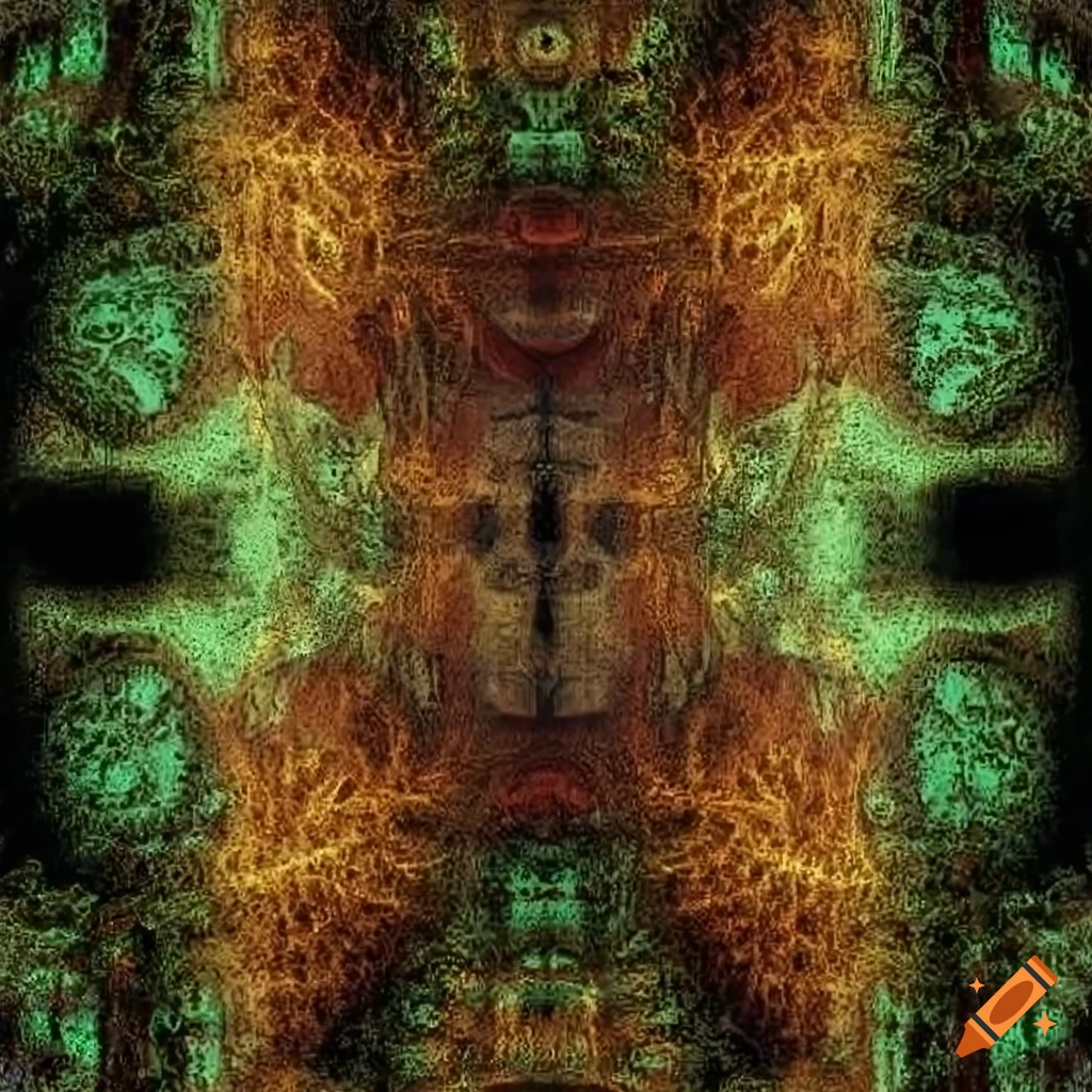 Digitally generated abstract artwork with reflection and hieroglyphs on ...