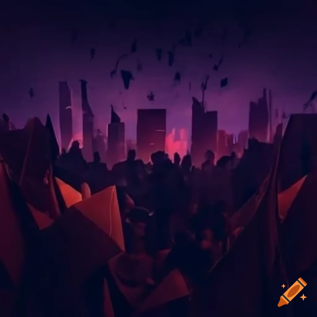 Origami style city riot at night on Craiyon