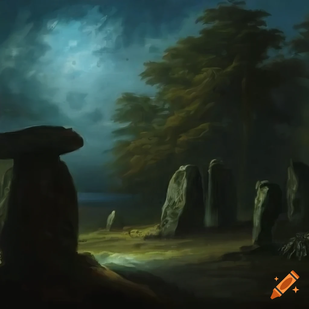 Baroque painting of a forest at night with standing stones on Craiyon
