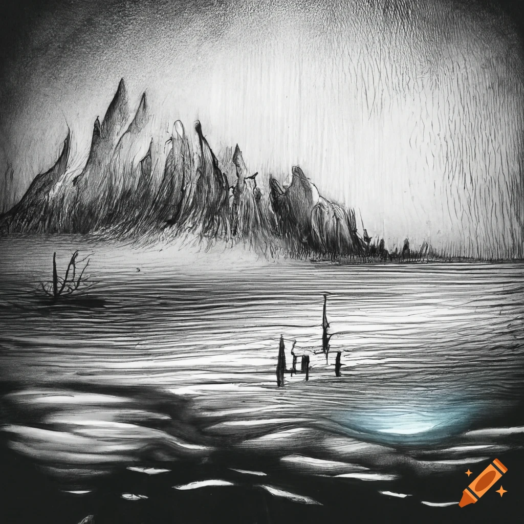 Black and white ink drawing of a desolate island in stormy waters on ...