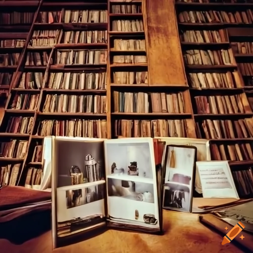 Vintage library with photos of messy kitchen on Craiyon