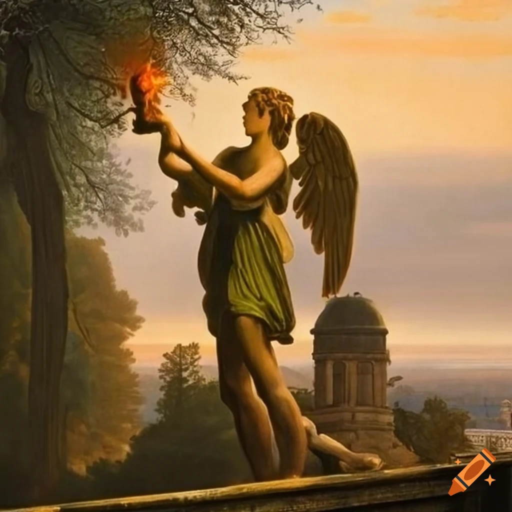 Sculpture of an angel holding a torch on a bridge on Craiyon