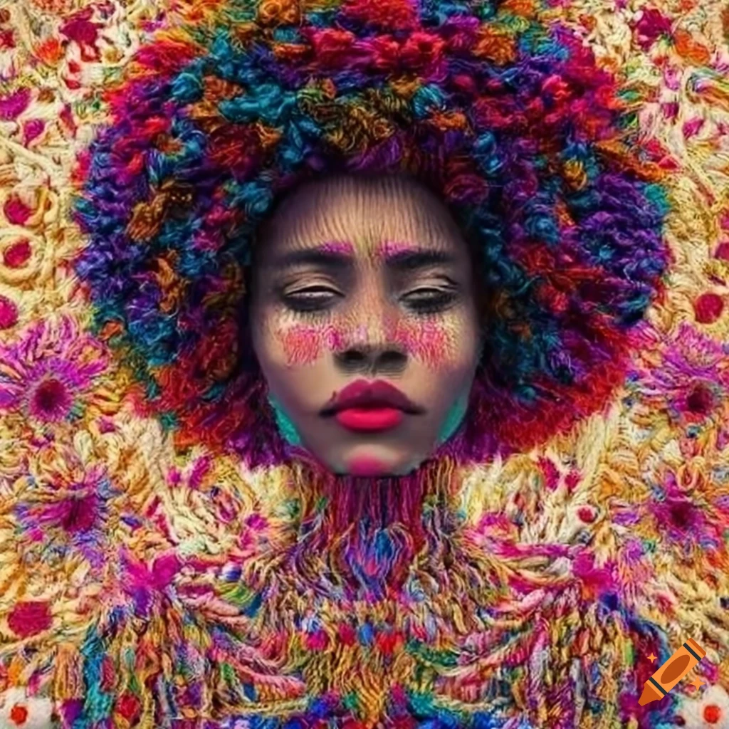 Embroidery artwork showcasing an afro woman with intense gaze on Craiyon