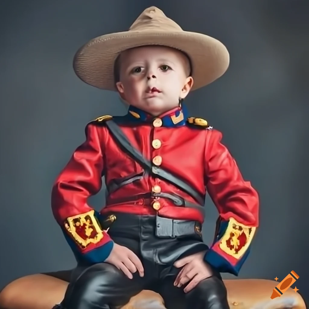 Image of a stern Canadian boy in Mountie uniform on Craiyon
