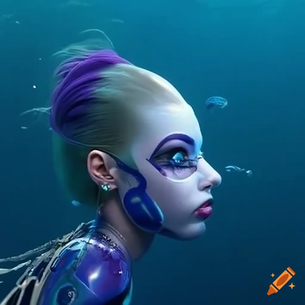 Cyborg mermaid underwater on Craiyon