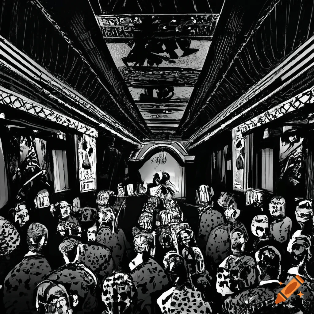 Comic strip of a crowded hall during a public briefing on Craiyon