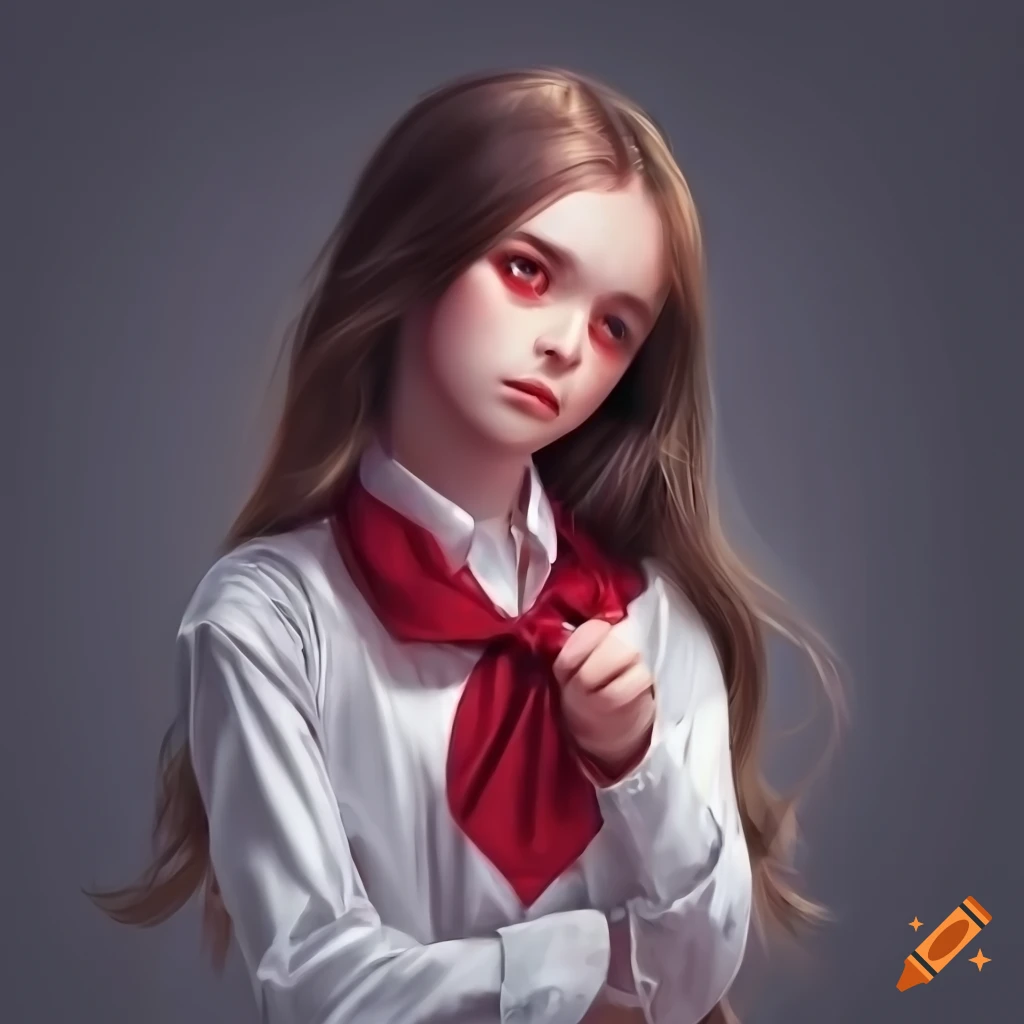 Portrait of a young girl with red eyes and stylish outfit on Craiyon